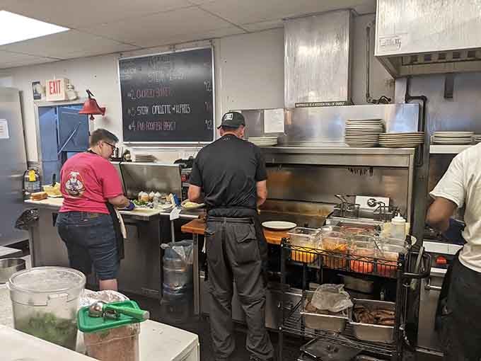 Where the magic happens: Linda's open kitchen lets you witness breakfast choreography in action as orders fly and skillets sizzle.