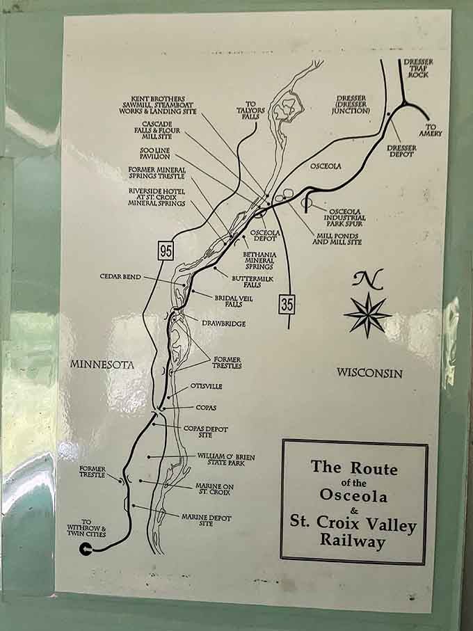This hand-drawn route map traces the railway's path along the St. Croix Valley, connecting dots between Wisconsin and Minnesota like a treasure map.