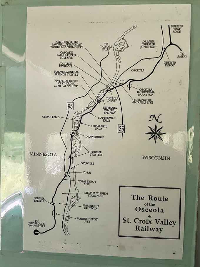 This route map traces the railway's path through the valley, connecting historic sites and scenic spots along the St. Croix.