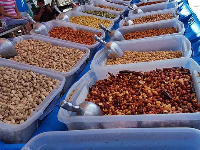 Bulk nuts arranged in bins like nature's candy store decided to set up shop at bargain prices.