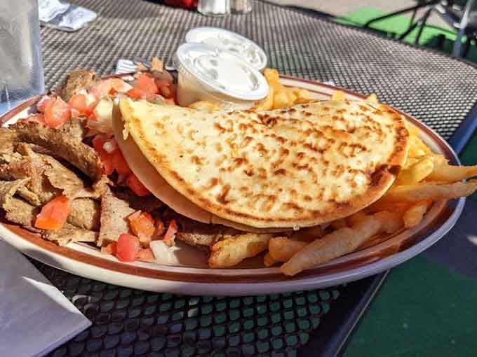 Gyro plate featuring seasoned meat, warm pita, crispy fries, and cooling tzatziki sauce.