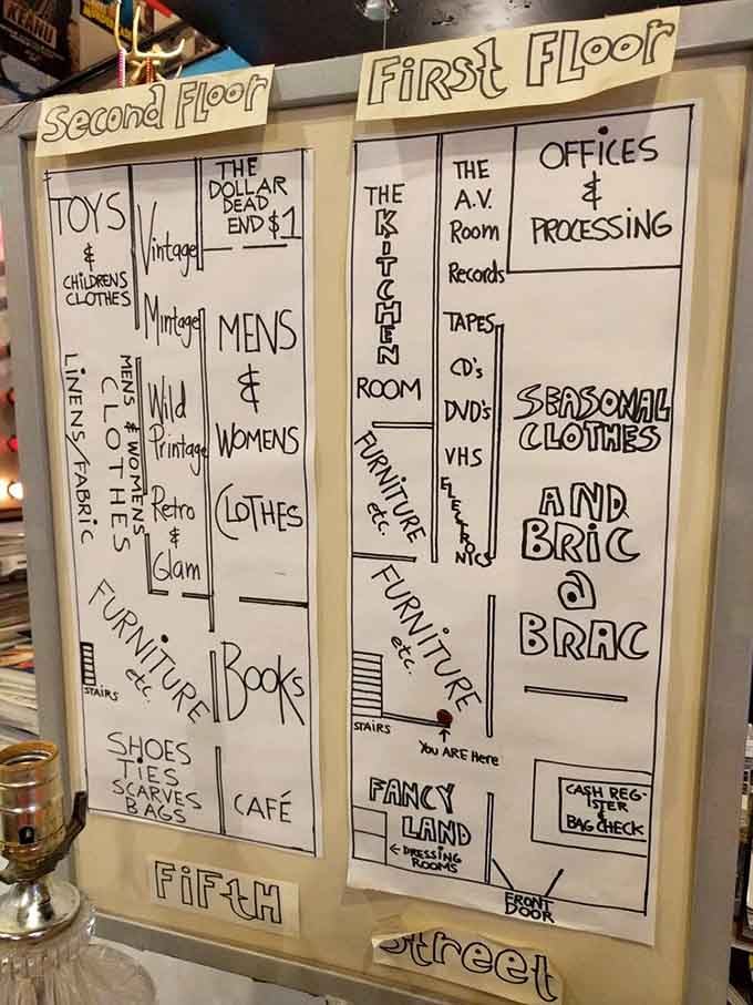 This hand-drawn floor plan proves you'll need a strategy to conquer both levels of this treasure-filled wonderland efficiently.