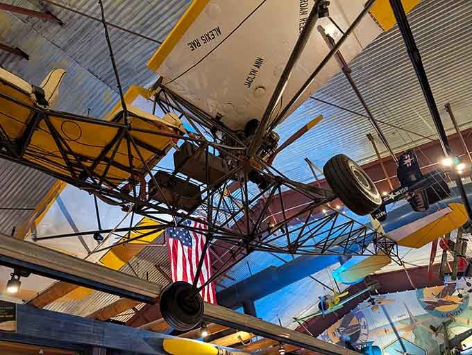 A vintage aircraft model hangs majestically overhead, reminding diners that humans really did decide to fly and somehow succeeded.