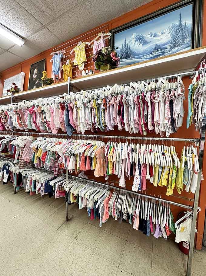 Tiny outfits organized by size, because babies grow faster than your ability to justify full-price clothing.