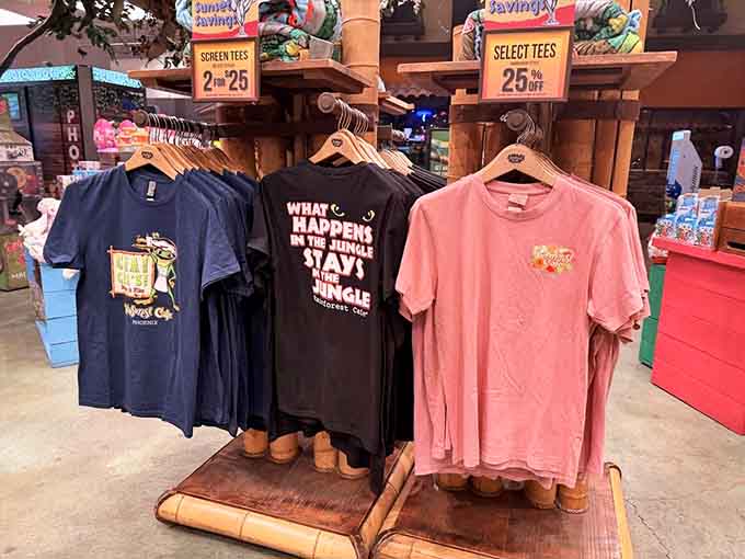 Merchandise that lets you take the jungle home, including shirts with slogans your grandkids will definitely roll their eyes at.