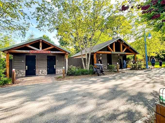 Rustic restroom facilities blend seamlessly into the natural surroundings, proving function and aesthetics can coexist.