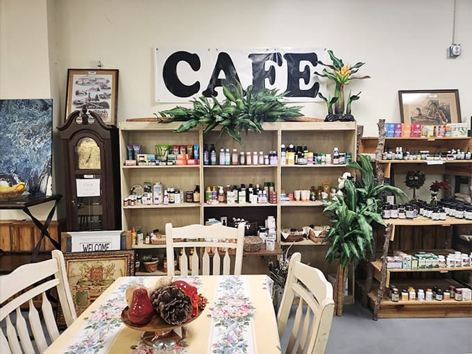 The cafe corner invites you to rest your feet and contemplate which treasures you absolutely need.