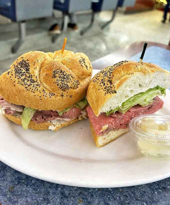 A roast beef sandwich on a poppy seed roll that's not just lunch &ndash; it's a commitment. Fresh, rare, and ready for its moment.
