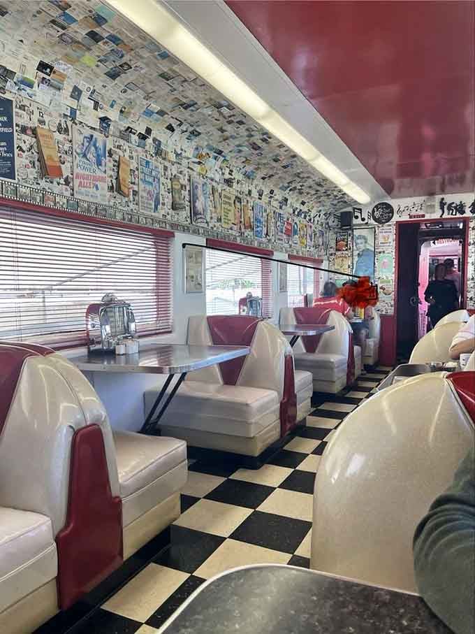 The ceiling covered in vintage memorabilia gives your eyes plenty to explore while waiting for your food.
