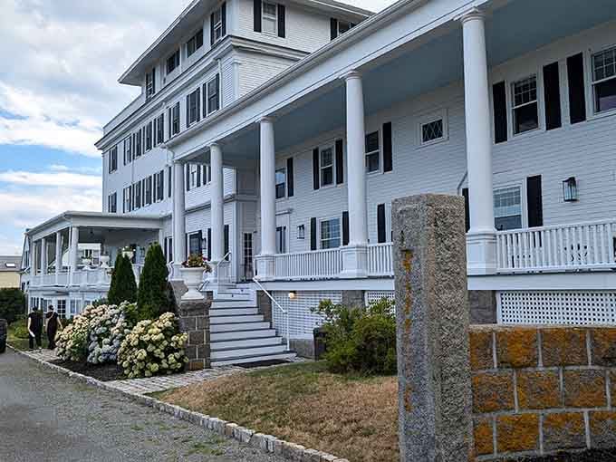 Grand columns and ocean views make this historic inn look like it wandered off a movie set.