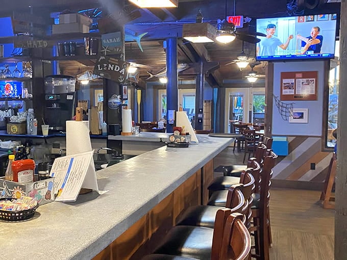 Bar seating offers front-row views of the action, where oyster shucking becomes dinner theater worth watching.