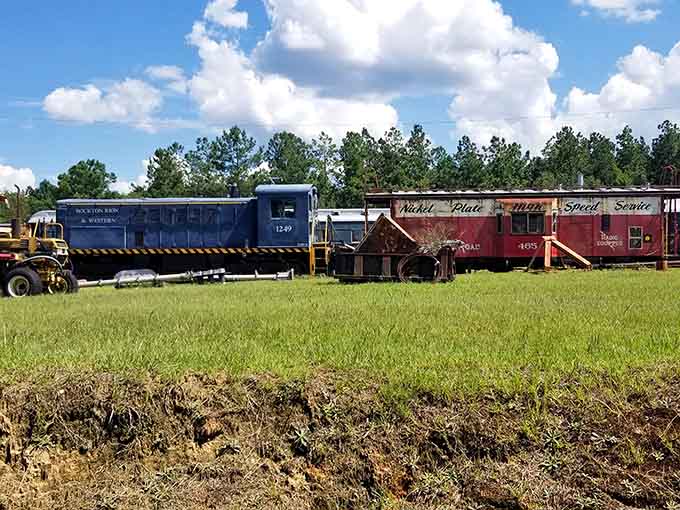 Multiple locomotives and cabooses create an outdoor museum where you can wander freely among these magnificent mechanical dinosaurs of transportation.