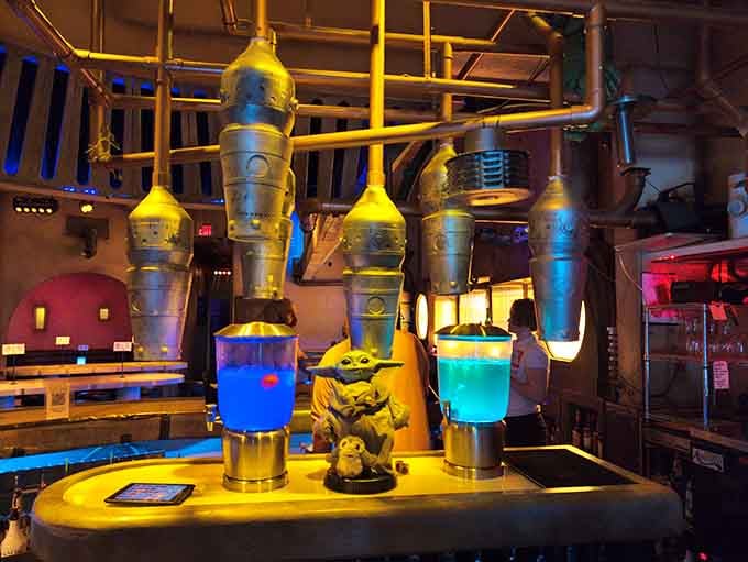 Look up and you'll spot Baby Yoda overseeing glowing cocktails, because even the Child needs a night out sometimes.