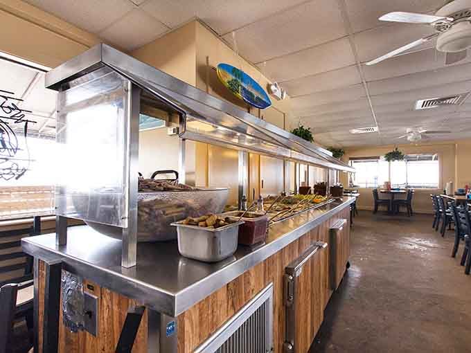 The salad bar setup proves even seafood restaurants know you need vegetables, even if you're ignoring them for fried shrimp.