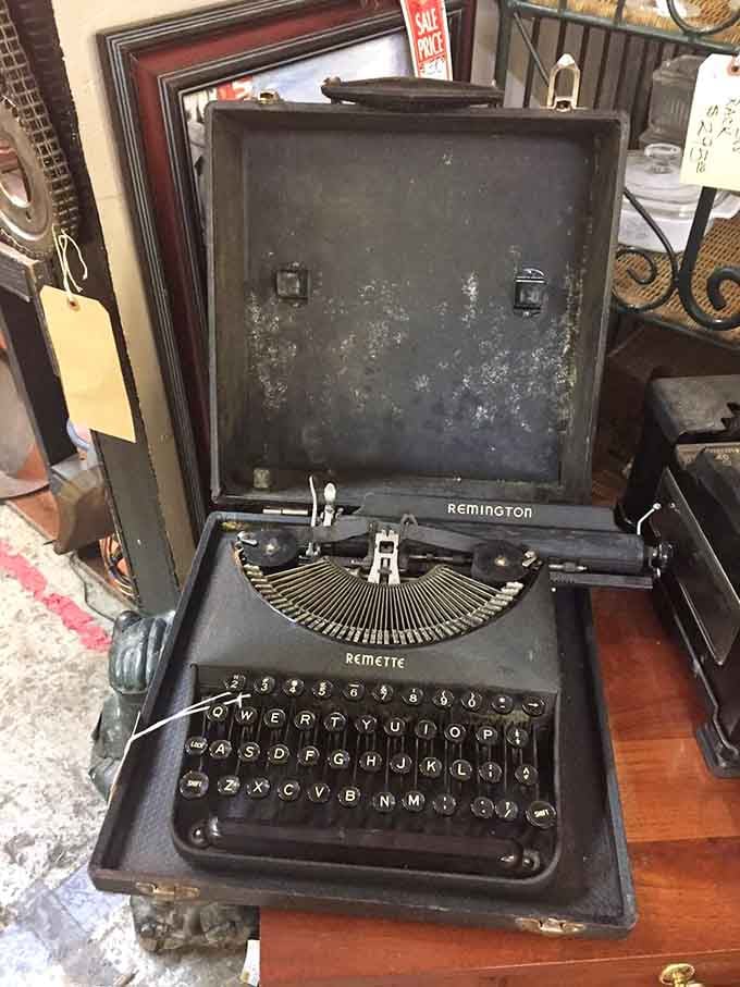 The Remington typewriter sits ready to clack out the next great American novel, no spell-check or delete key required.