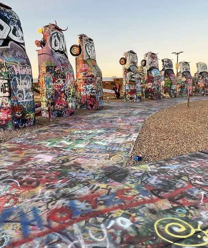 The paint-splattered walkway between Beetles creates a Jackson Pollock masterpiece you can actually walk on without getting yelled at.