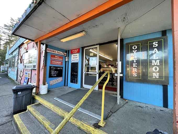 The entrance beckons with promises of oysters and salmon, where hungry souls cross the threshold into seafood paradise awaiting.