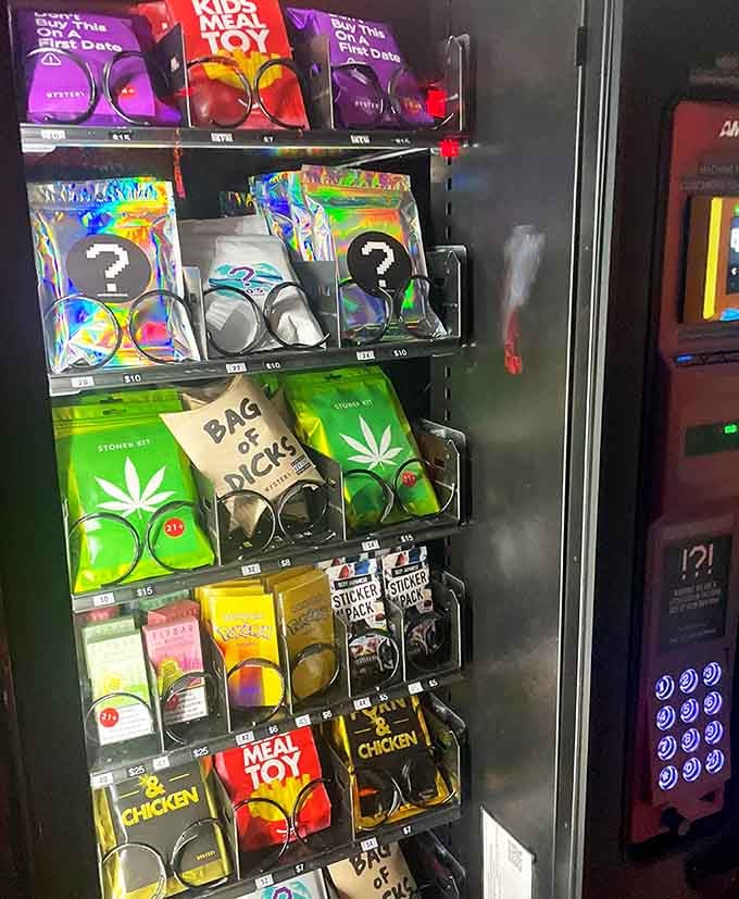 Even the vending machine gets the quirky treatment, stocked with novelties that match the lounge's playful spirit.