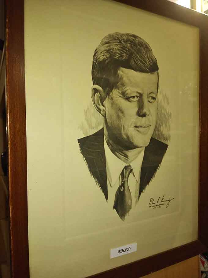 JFK gazes thoughtfully from this vintage portrait, a piece of Camelot preserved in pen and ink for history buffs everywhere.