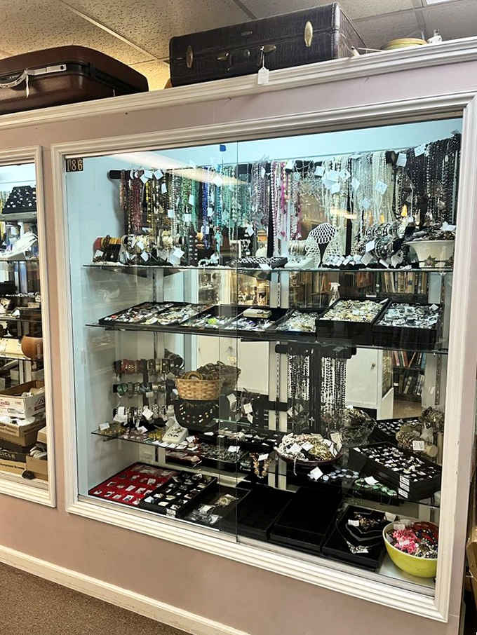 Jewelry cases sparkling with stories from proms, anniversaries, and occasions when people actually dressed up to leave the house.