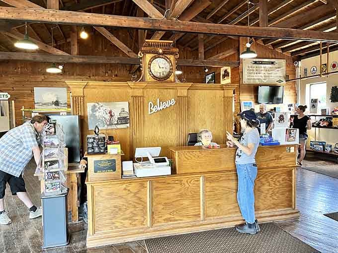The welcoming visitor center lobby blends rustic charm with railroad history, making everyone feel like an honored guest.