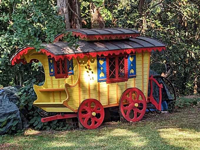 A hand-painted gypsy wagon sits ready to whisk you away to adventures involving crystal balls and fortune cookies.