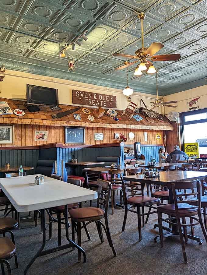 A dining room that balances quirky charm with comfortable functionality, inviting you to stay awhile.