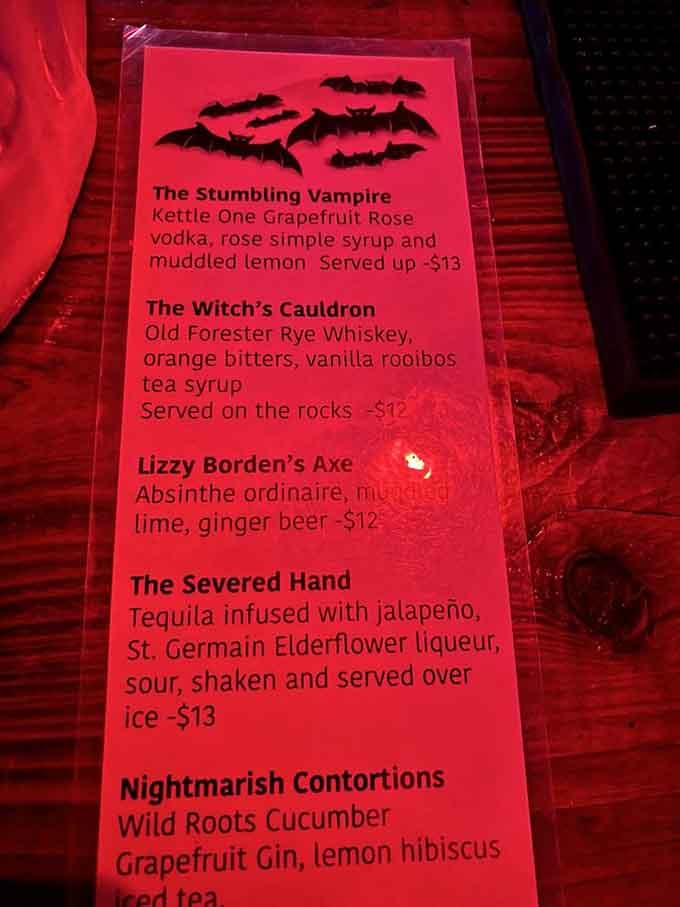 Cocktails with names like "The Stumbling Vampire" and "Lizzy Borden's Axe" deliver creativity beyond just clever horror references.