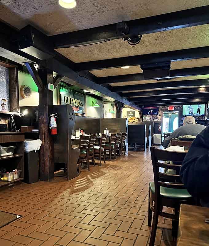 Exposed beams and brick floors give this dining room the authentic Irish pub feel that can't be faked or franchised.