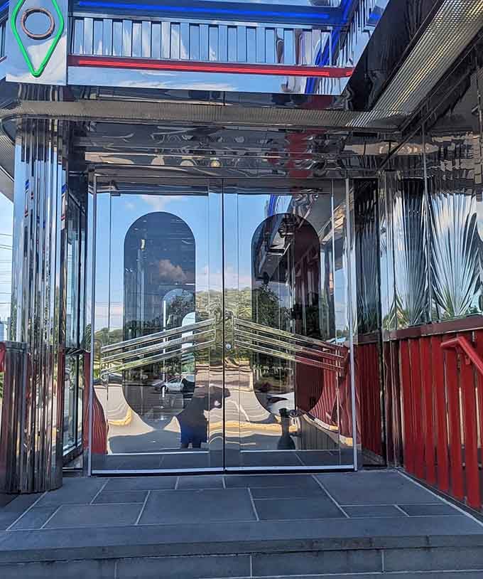 Glass doors reflecting the world outside, but inside awaits a timeless realm where hunger meets its match.