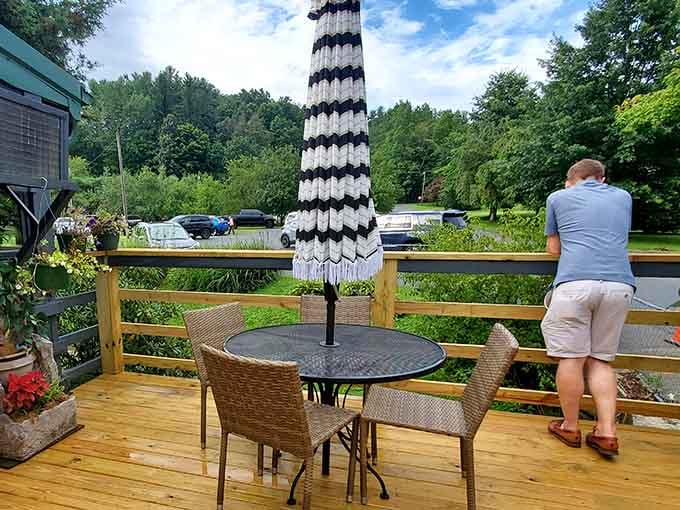 Outdoor deck seating where you can enjoy your meal with a side of fresh mountain air.