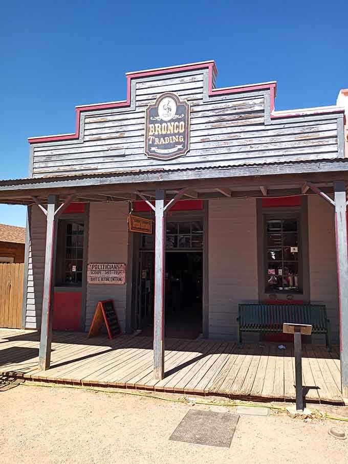 Bronco Trading's classic storefront beckons with Western goods, from cowboy hats to souvenirs your kids will actually want.