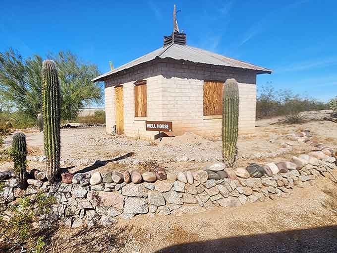 The well house provided water to the entire property, essential infrastructure dressed up in charming desert architecture.