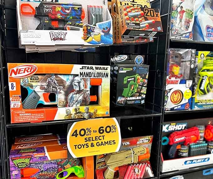 Toy nirvana with discounts that make grandparents look like heroes. Nothing says "favorite grandma" like a Mandalorian Nerf blaster at 60% off.