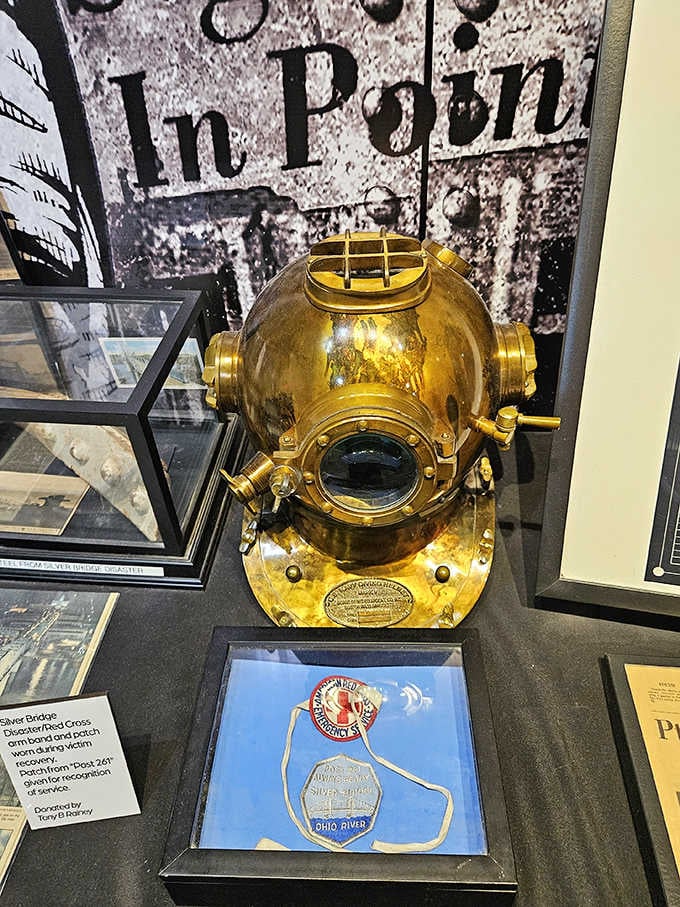 This vintage diving helmet evokes the recovery efforts following the Silver Bridge collapse, adding historical weight to the supernatural narrative.