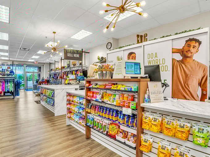 Rows of snacks stretch across shelves like a buffet where every choice feels like a victory.