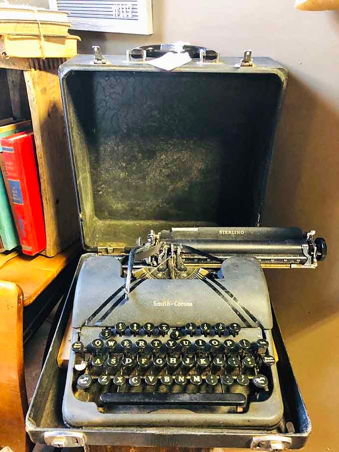 This Smith-Corona typewriter in its original case is waiting for someone to write the Great American Novel – or at least pretend to.