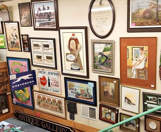 Wall-to-wall nostalgia featuring everything from seafood advertisements to Coca-Cola memorabilia. Madison Avenue's greatest hits, preserved for posterity.