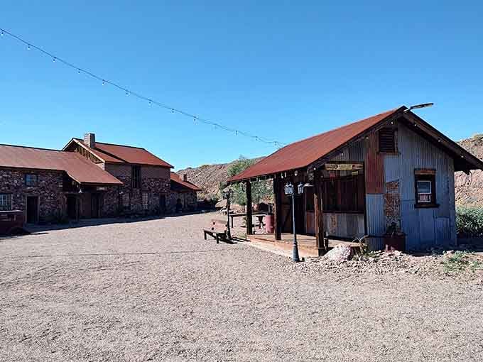Stone buildings and vintage gas pumps create a streetscape that's remained unchanged for over a century now.