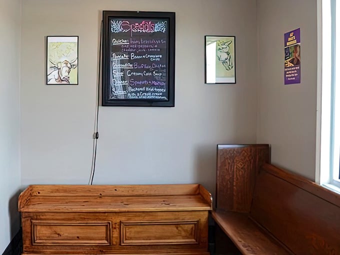 Even the waiting area feels like a country home's entryway, where the only thing more welcoming than the bench is the menu board.