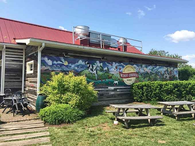 Picnic tables outside let you enjoy your meal with fresh air and that gorgeous pastoral mural as your backdrop.