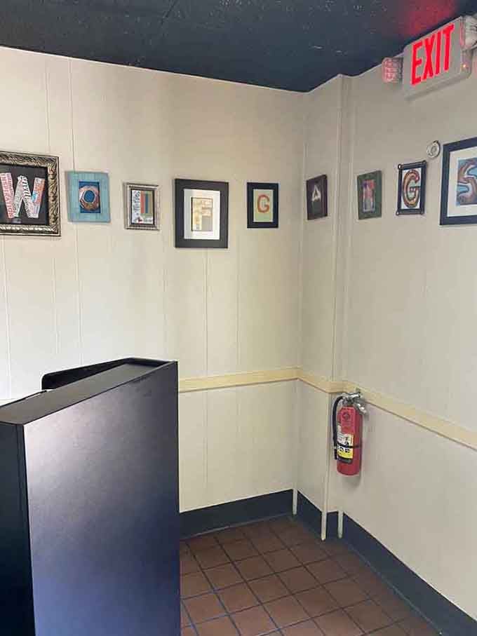 Framed artwork spelling out the restaurant's name shows attention to detail that extends from the walls to every plate.