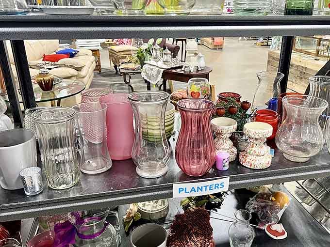 Vases and planters in every color imaginable stand ready to hold flowers or hide spare change, your choice entirely.