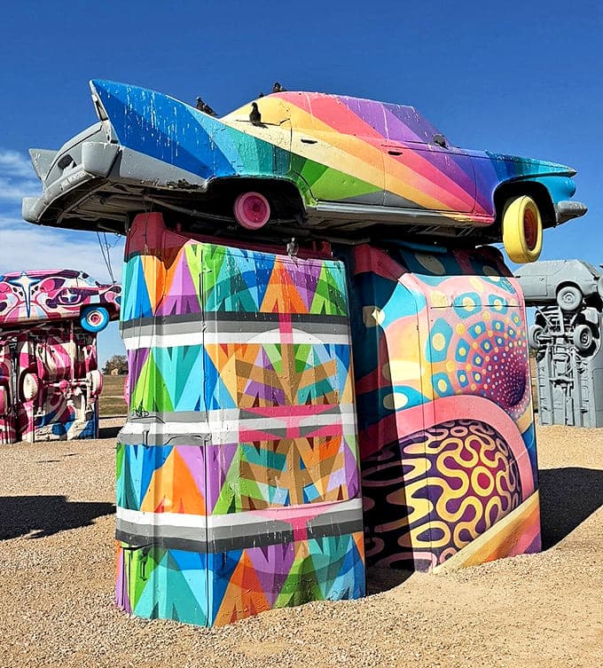 Not all cars at Carhenge maintain the monochromatic dress code &ndash; this psychedelic tribute brings a splash of 1960s vibes to the prairie art installation.