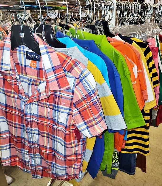 The men's section proves secondhand doesn't mean second-best. These vibrant shirts look ready for their first wear.
