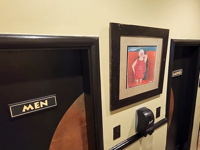 Even the restroom signage at Zaftigs has personality. That little framed artwork between doors is the kind of quirky touch that separates good restaurants from great ones.