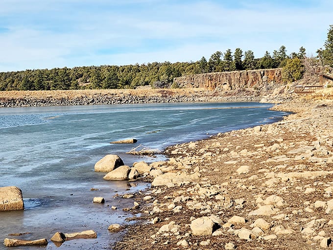 The lake&rsquo;s rocky shoreline becomes a peaceful retreat, where gentle ripples whisper secrets across the water.