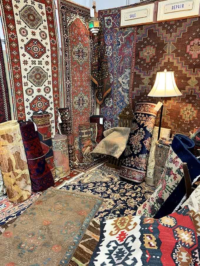 A rug dealer's dream booth where every piece tells stories from distant places and different eras.