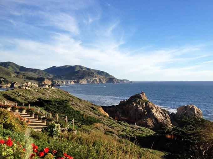 Nature's staircase to the sea, where wildflowers provide splashes of color like an artist's finishing touches.