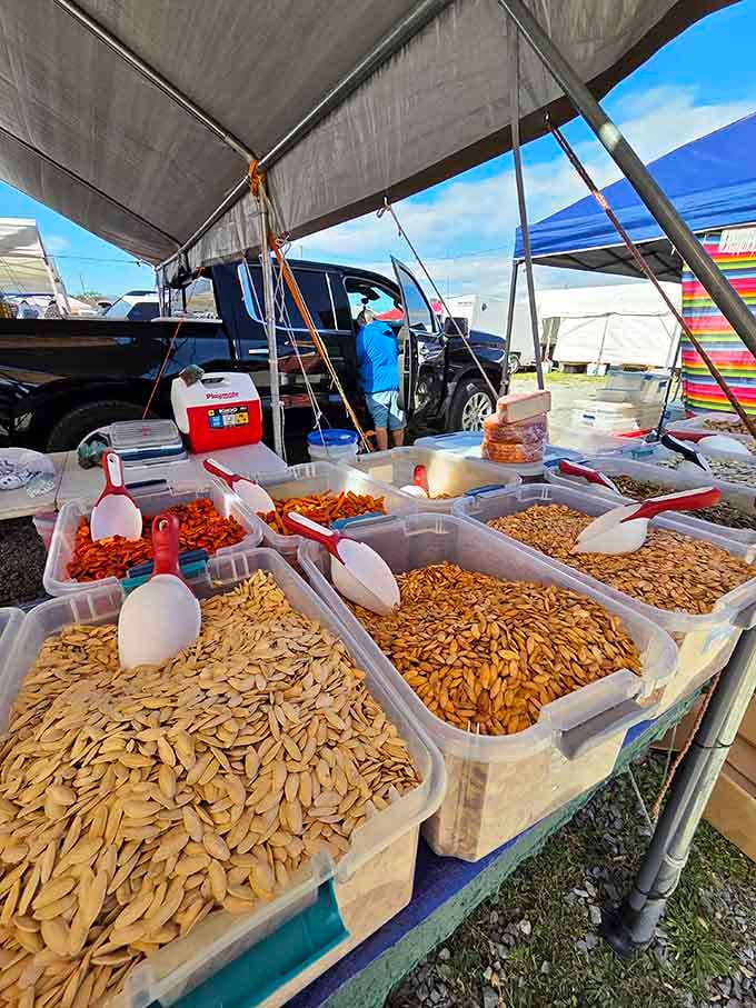 Bulk nuts and snacks spread out like a general store from yesteryear, offering sustenance for shoppers who forgot breakfast.
